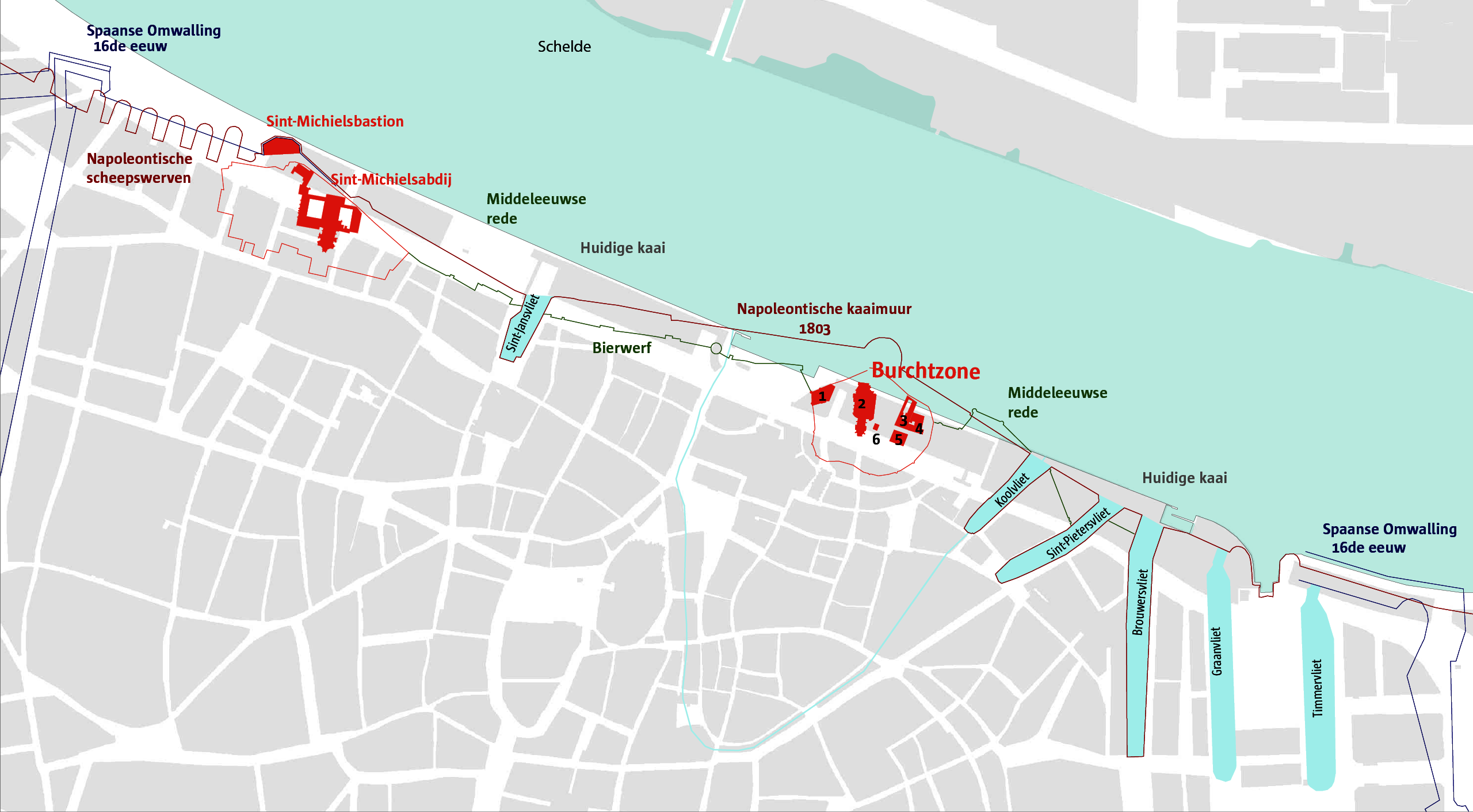 Op deze kaart ligt de Schelde van boven en de stad onderaan. De ...